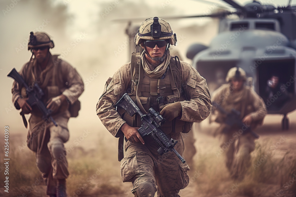 Generative AI illustration of group of soldiers in uniform with weapons ...