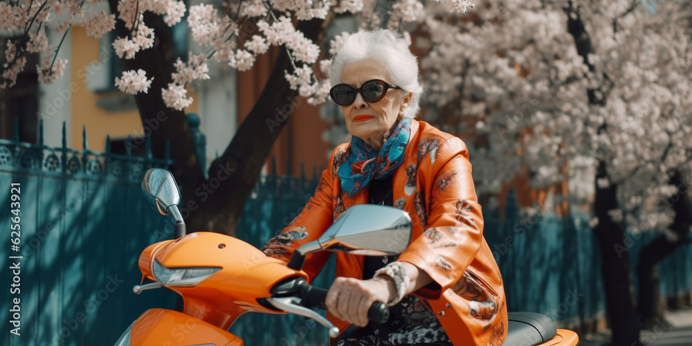 Generative AI, a gray-haired elderly stylish woman in glasses on an ...