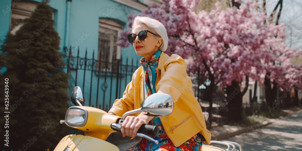 Generative AI, a gray-haired elderly stylish woman in glasses on an ...