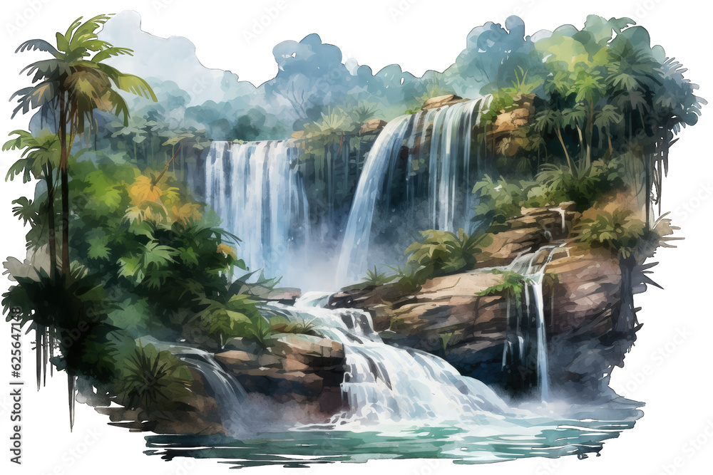 A lush rainforest waterfall scene, illustrated in watercolor style ...