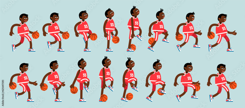 A cartoonish African American basketball player dribbling a ball - a ...