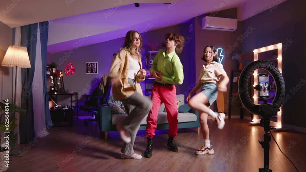 Group of friends recording dance video. Multi-ethnic bloggers record ...