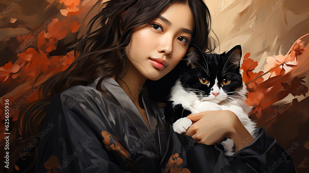 Painted portrait of a beautiful Japanese woman with a cat, home comfort ...