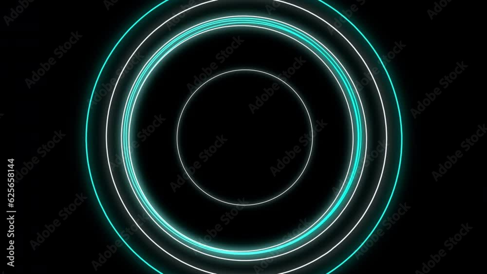 A lots of glowing blue neon rings on an isolated black background ...