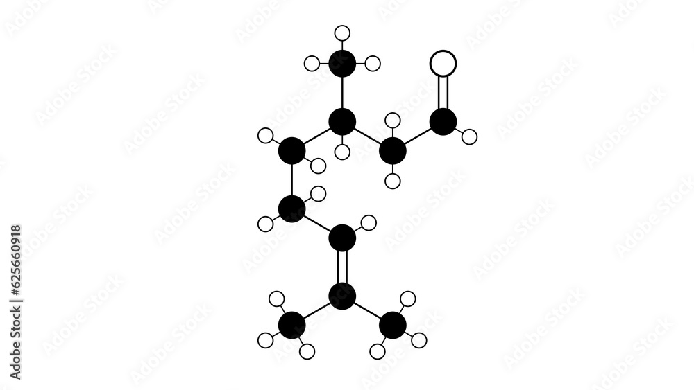 citronellal molecule, structural chemical formula, ball-and-stick model ...