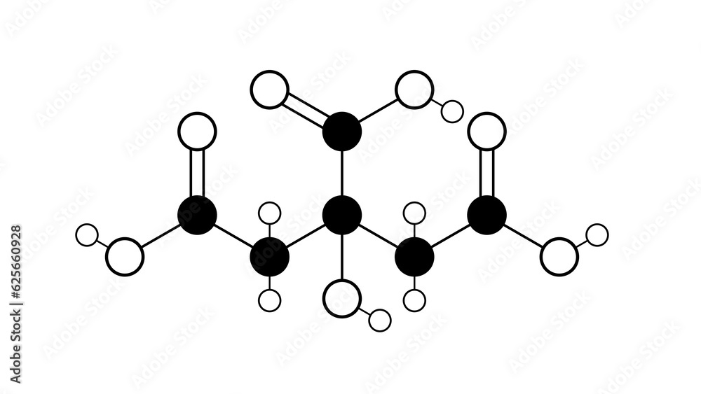 citric acid molecule, structural chemical formula, ball-and-stick model ...