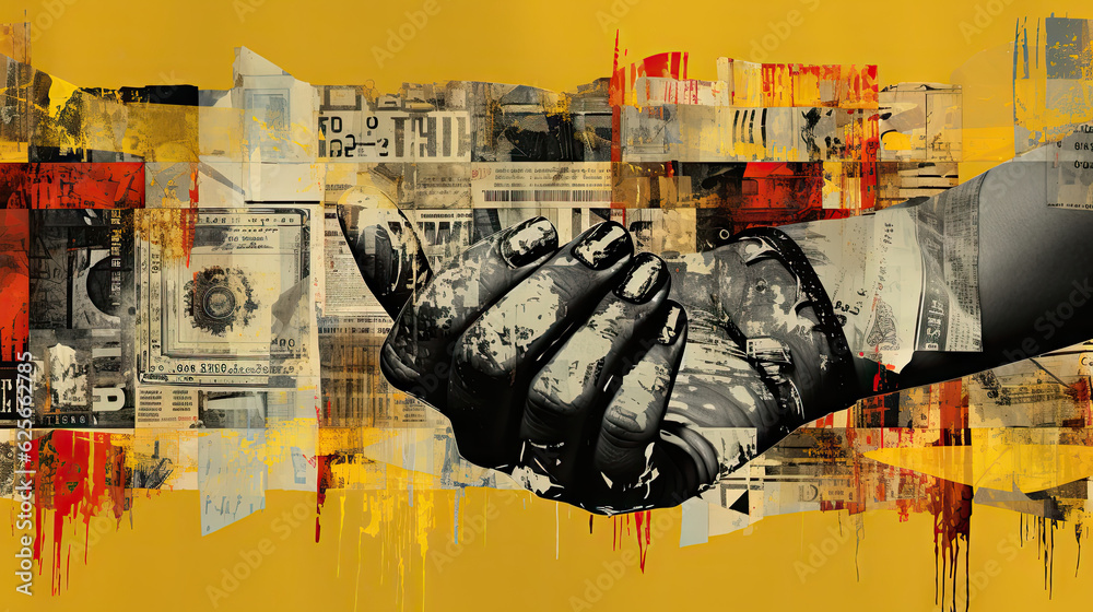 Hand with money grunge design on yellow background. Digital collage ...