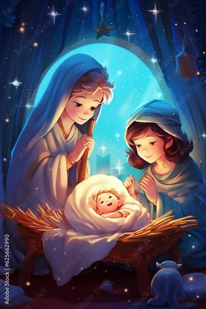 Christmas nativity scene of born child baby Jesus Christ in the manger ...