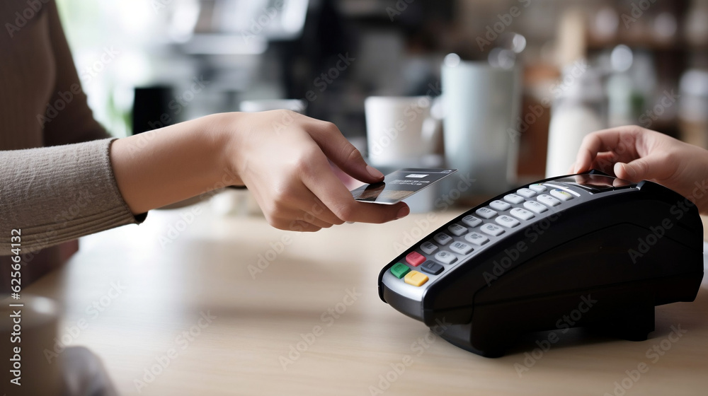 Customer using credit card for payment at cashier in cafe restaurant ...