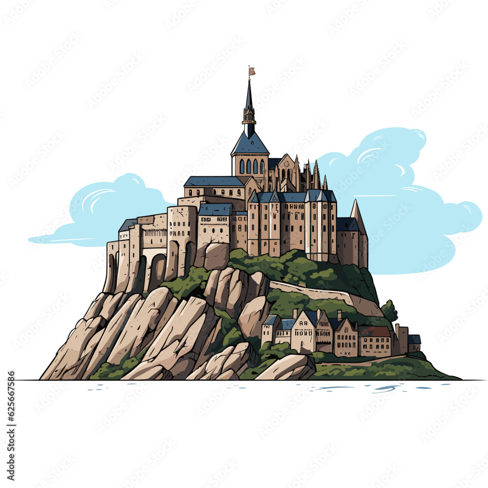 Mont Saint-Michel hand-drawn comic illustration. Mont Saint Michel ...