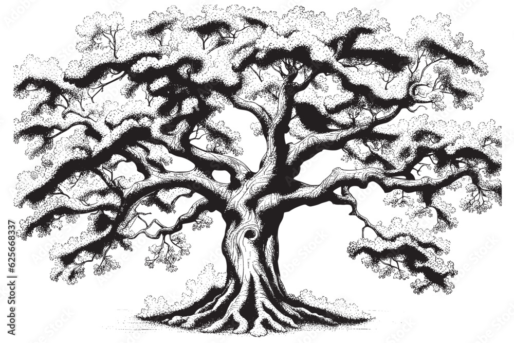 Old sketch oak tree hand drawn in vintage sketch style. Pedigree ...