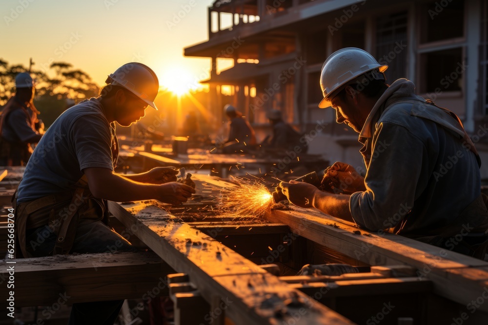 Men cutting, welding, and sawing metal railings at renovation works ...