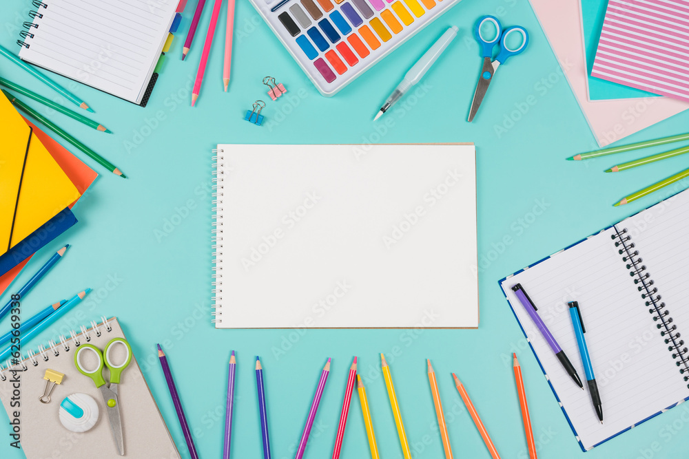 Back to school background. Top view to school stationery, books ...