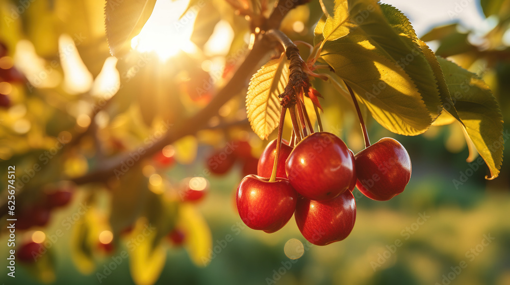 Fruit farm with cherry trees. Branch with natural cherry on blurred ...