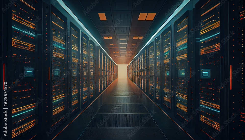 mainframe computer server, digital technology cincept, in dark with ...