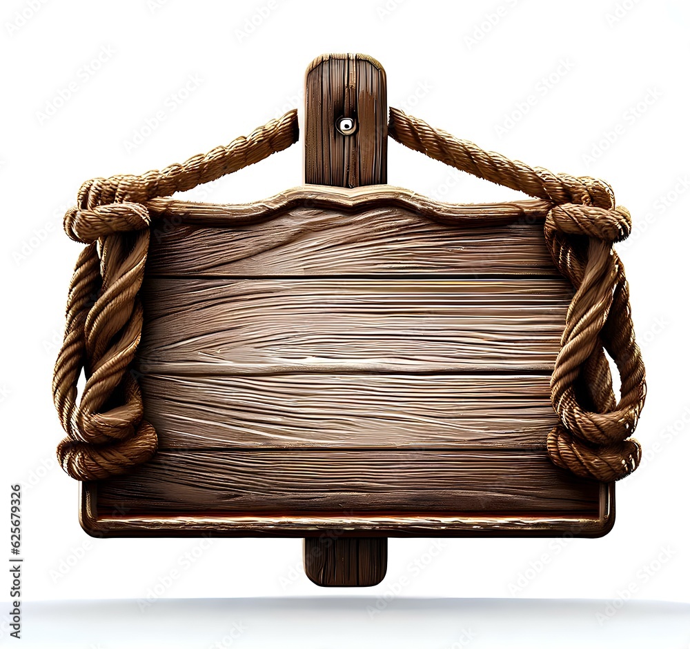 Wooden sign with ropes isolated on white background, with empty space ...