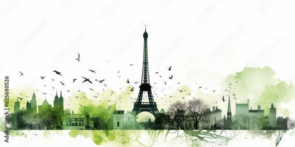 Fotografía Green Silhouette of Paris Skyline Celebrating Green Energy ...