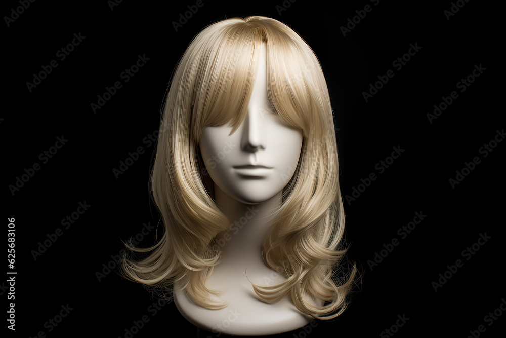 Full female blonde wig curly hair mannequin head, isolated, black ...