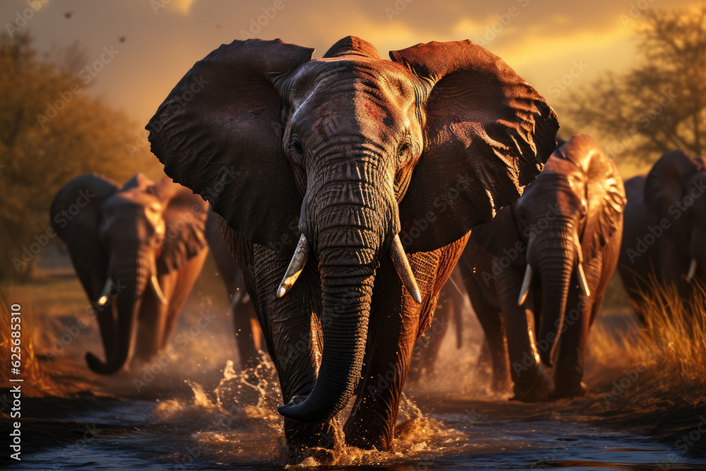 full body of herd of very long-tusked elephants in the sunset Stock ...