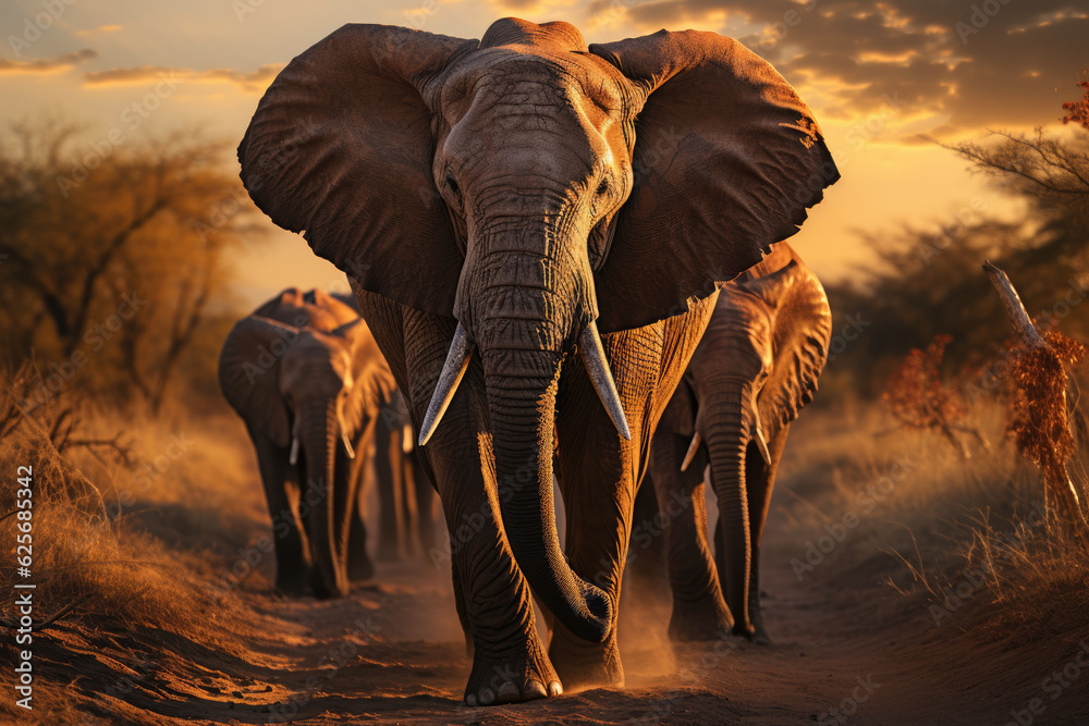 full body of herd of very long-tusked elephants in the sunset Stock ...