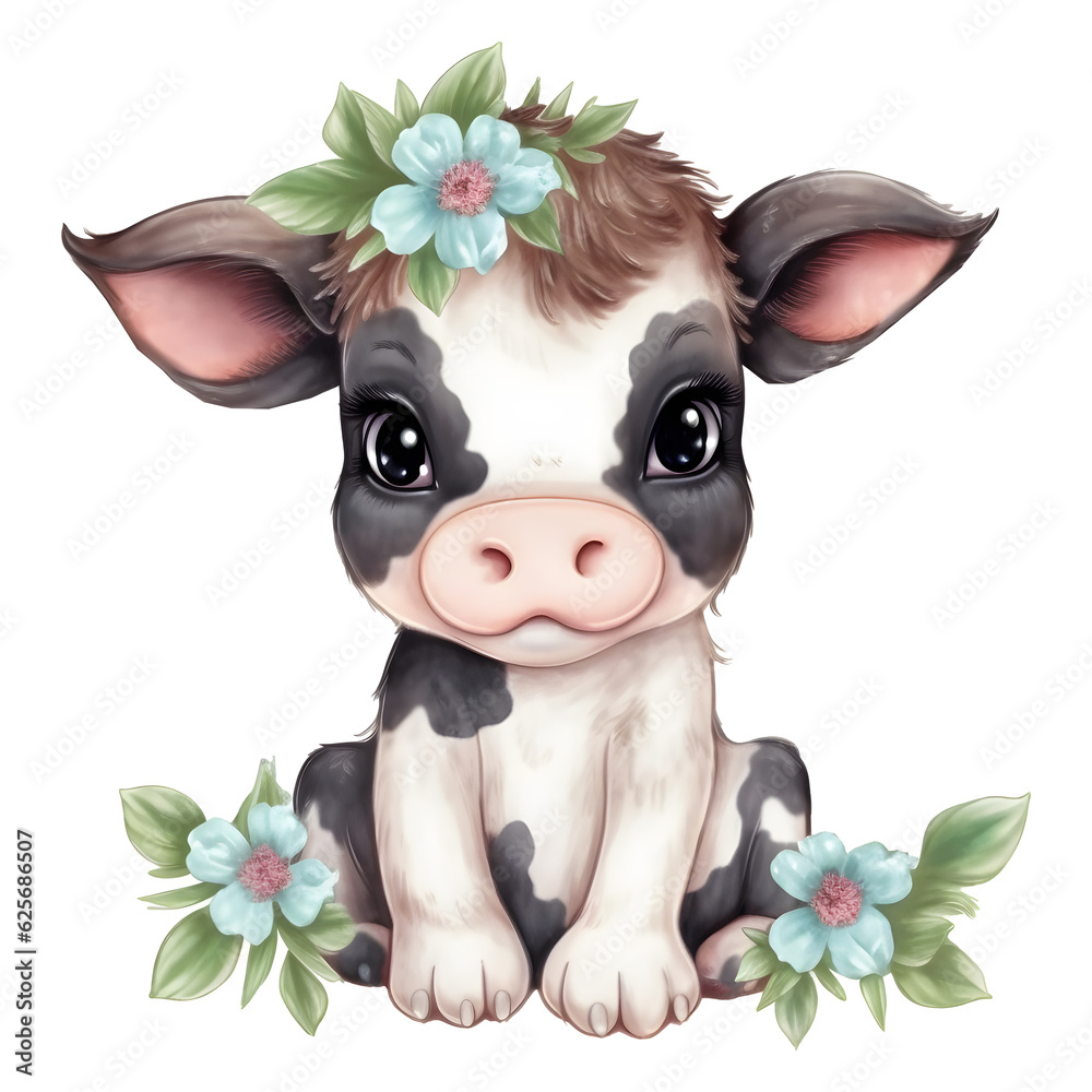 Cute cartoon cow sitting on a transparent background, png Stock ...