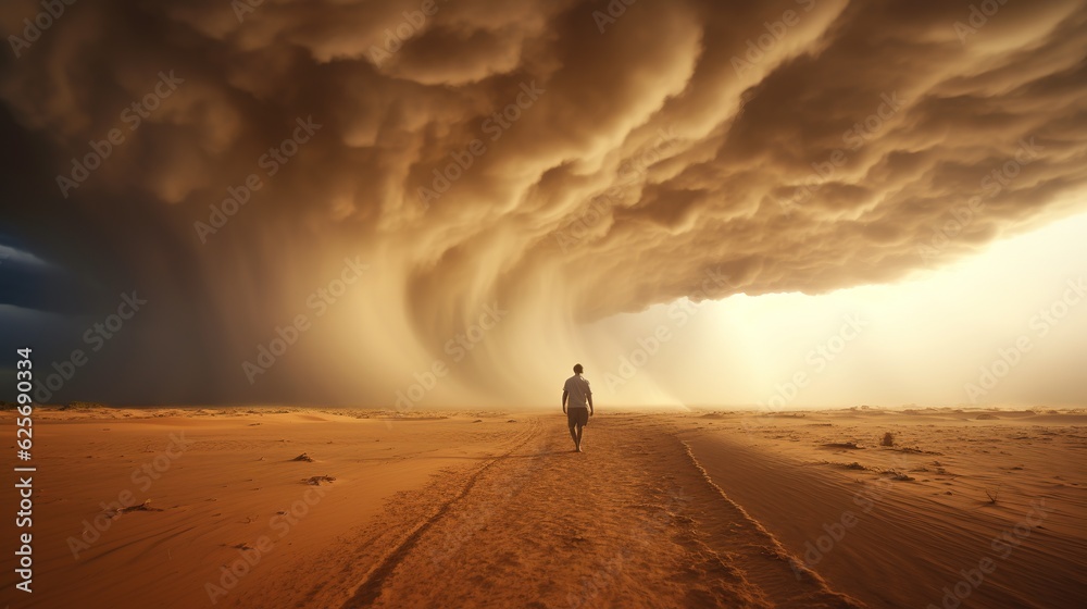 Man going into sandstorm. Dramatic sand storm in desert. Digital art ...