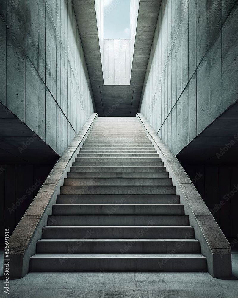 Modern staircase in concrete space. Long concrete stair way to majestic ...