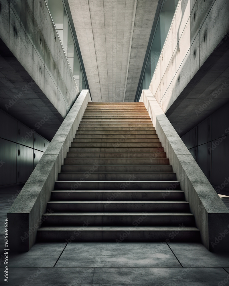 Modern staircase in concrete space. Long concrete stair way to majestic ...