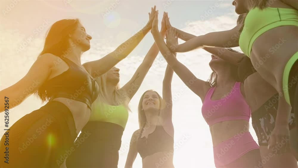 Six Happy Healthy Women Giving High Five Gesture While Relaxing After an Outdoor Exercise at the ...