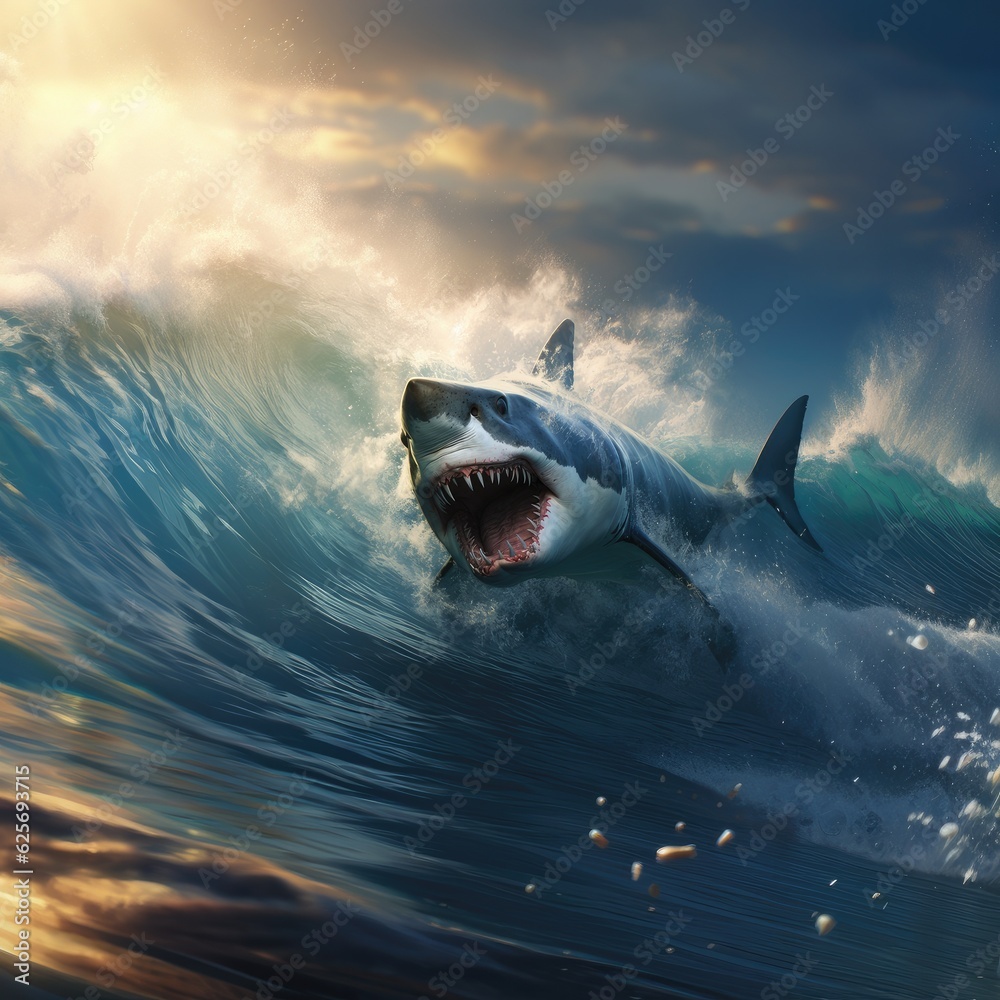 Ocean shark bottom view from below. Open toothy dangerous mouth with ...