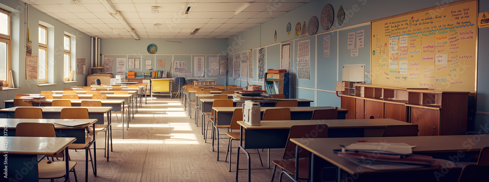 panorama of a fully equipped classroom with rows of desks and chairs ...