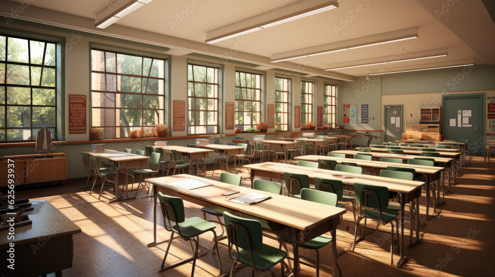 high school class without students and desks, interior design with ...