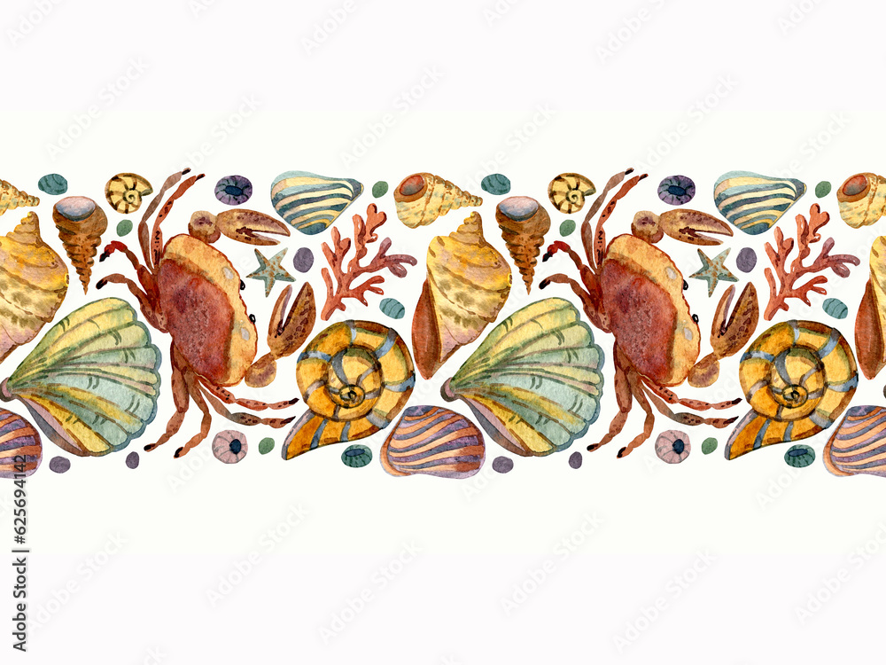 Seamless border, crab, shells, clams, algae, starfish, corals. Hand ...