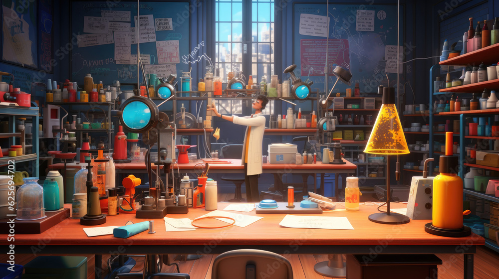 background experiments in a laboratory filled with bottles and ...