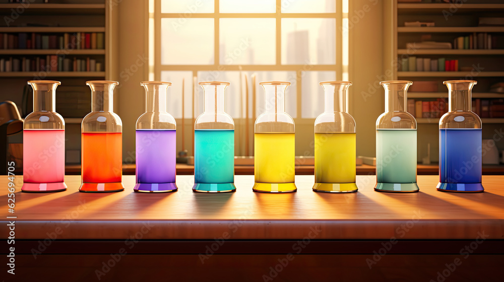colorful array of liquids in chemistry lab flasks, science study ...