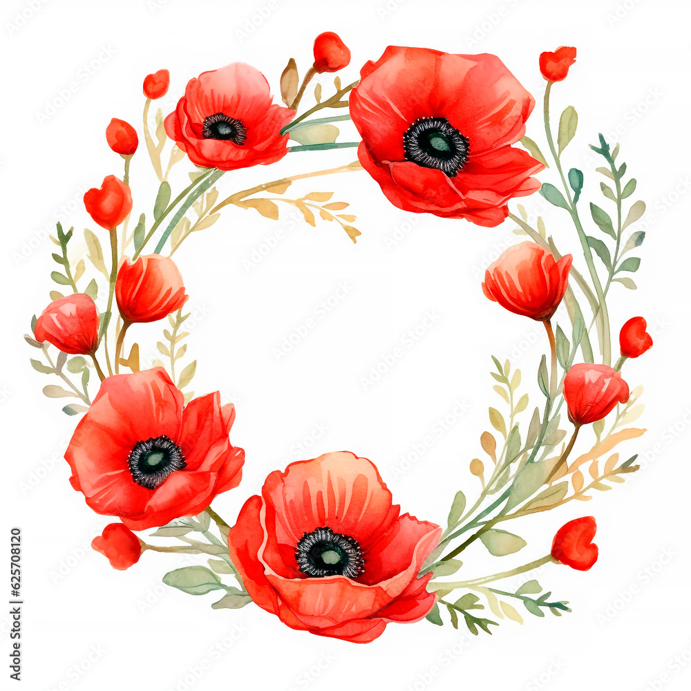 Watercolor Drawing of Red Poppy Flowers Isolated on White. Botanical ...