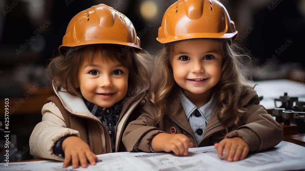 Two kids engineers wearing in form and helms on dark background. Labor ...