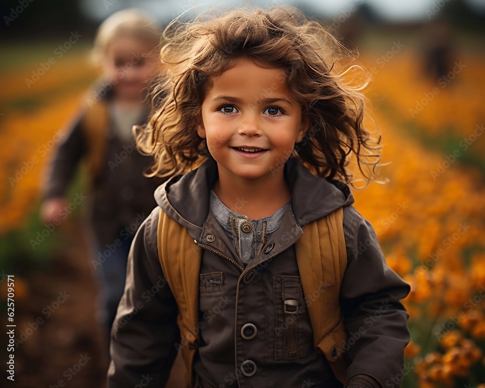 Kids in country style clothes on autumn field background. AI generated ...