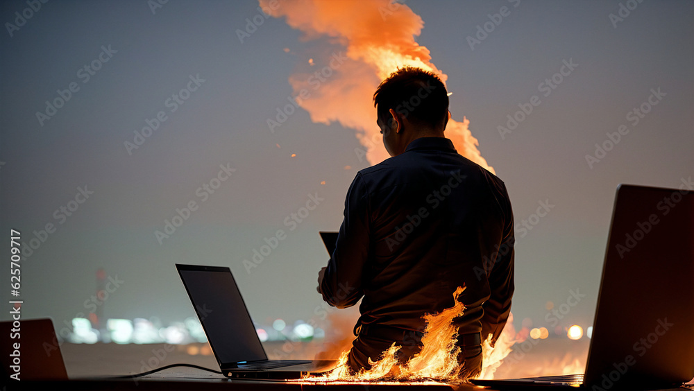 back view of IT man sitting on fire between two open laptops with blury ...