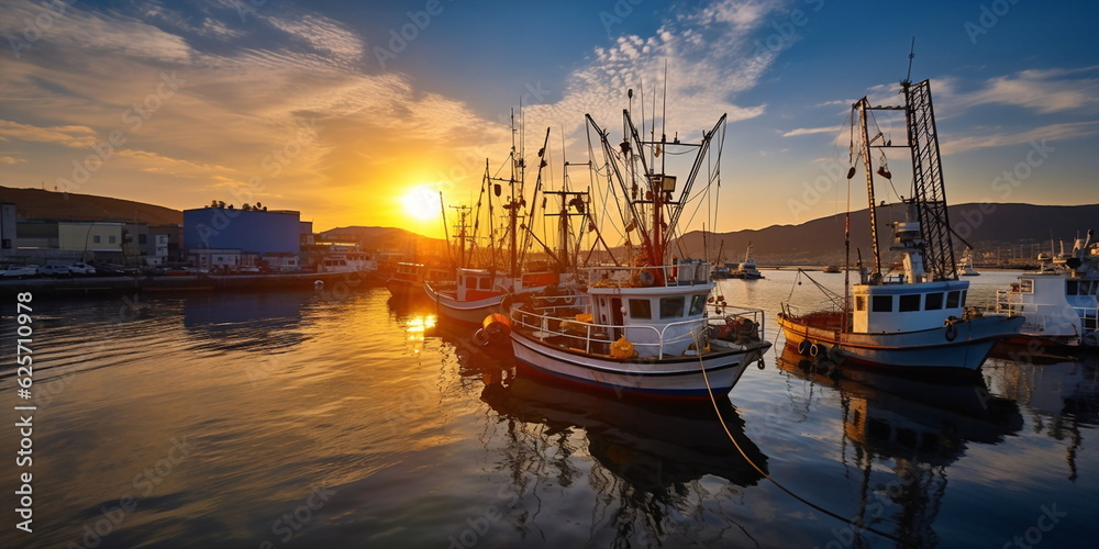 sunset in fish harbor in Greece, Thessaloniki,, boats and ships are ...