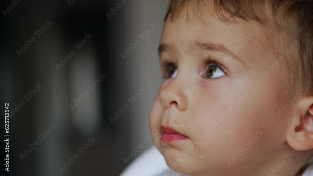Adorable baby face with some food around his mouth. Child refuses to ...
