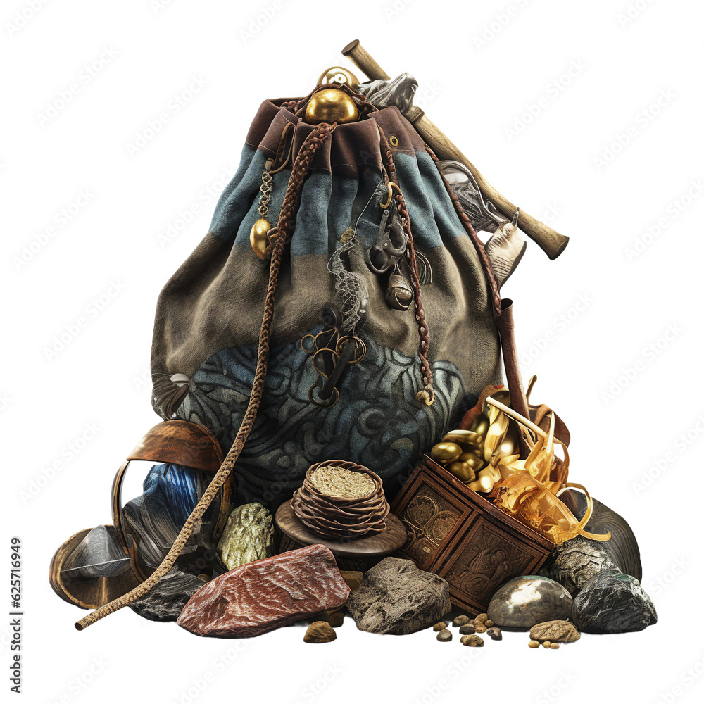 Mythical relics in a treasure hunters sack. isolated object ...