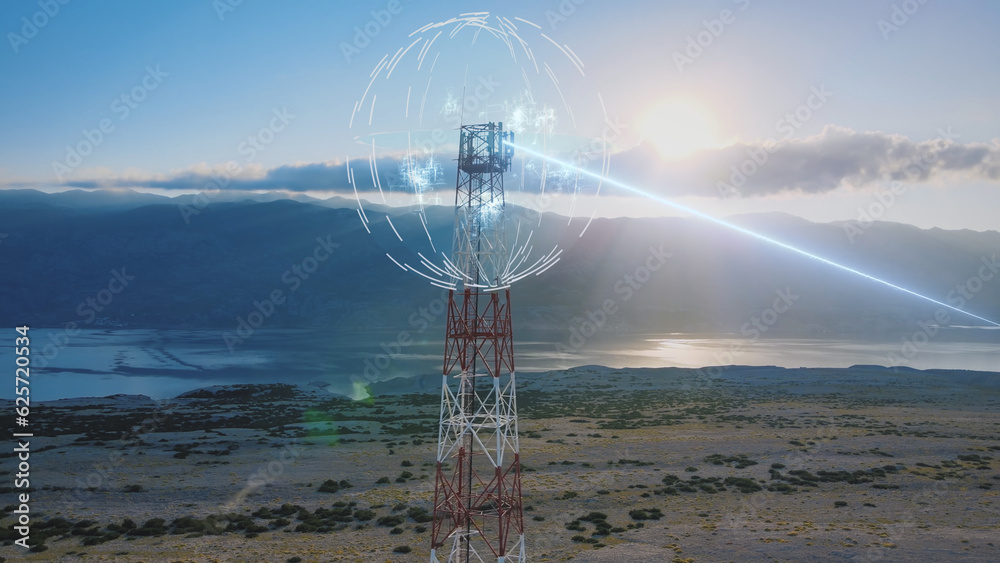 Large 5G 6G network communication tower in desert nature sends ...