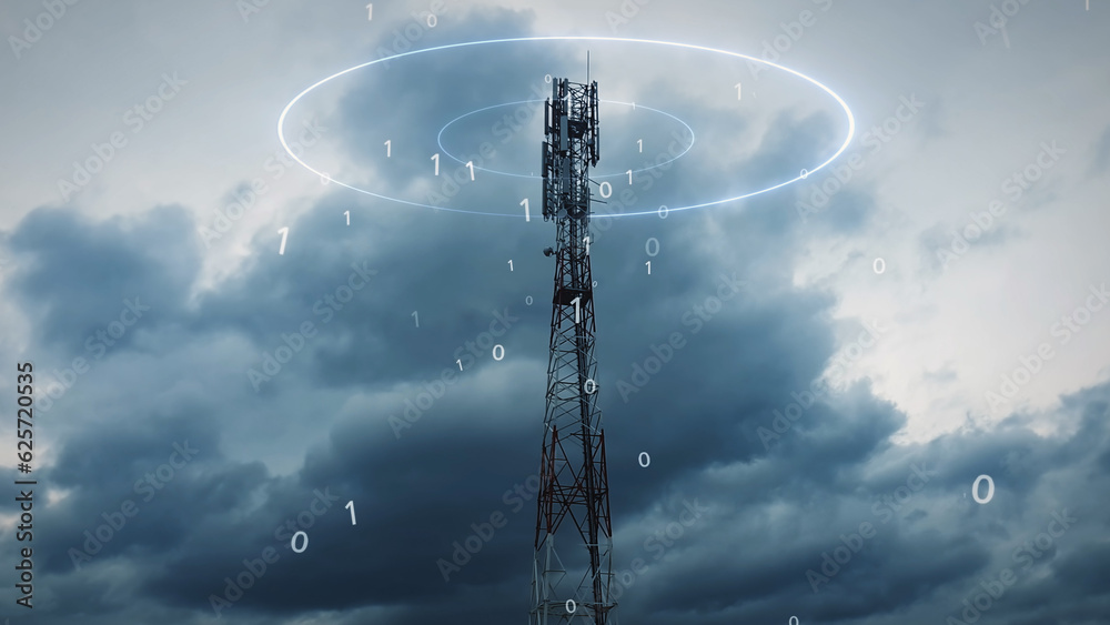 5G Telecom Tower with binary code data and electromagnetic radio waves ...