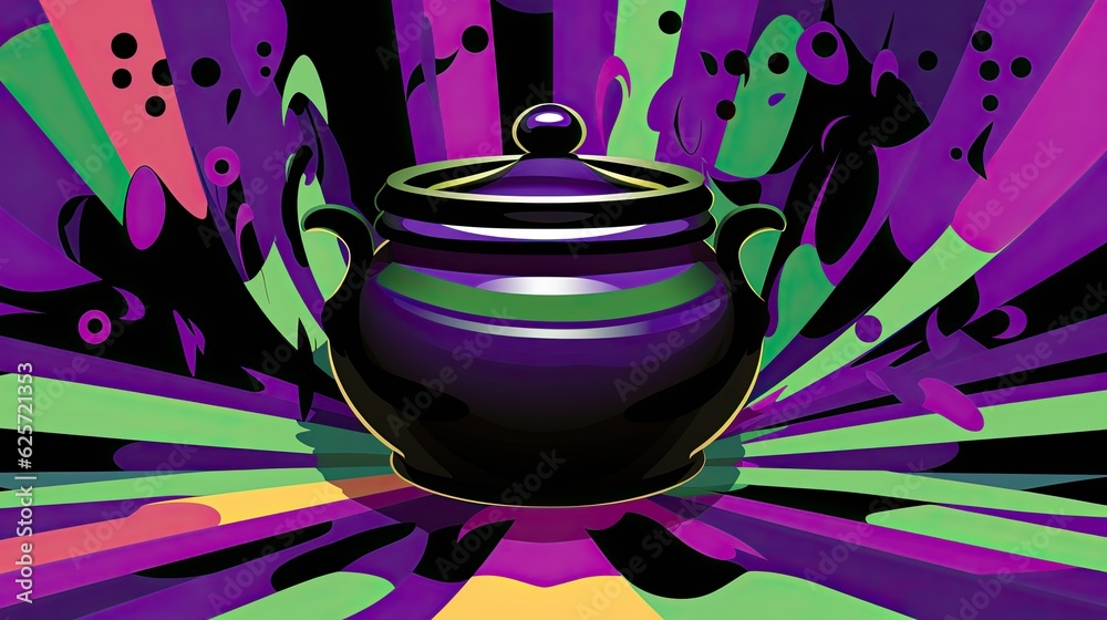Abstract modern witch cauldron in bright neon colors. Wizard pot with ...