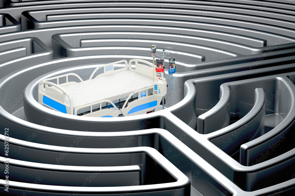 Hospital bed inside labyrinth maze. 3D rendering Stock Illustration ...