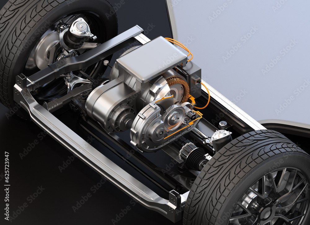 Cutaway view of Electric Vehicle Motor mounted on chassis. 3D rendering ...