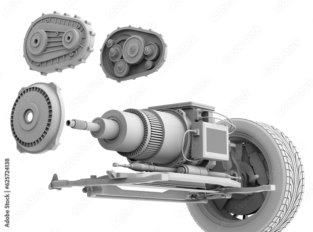 Clay rendering of Electric Vehicle Motor mounted on chassis. Exploded ...