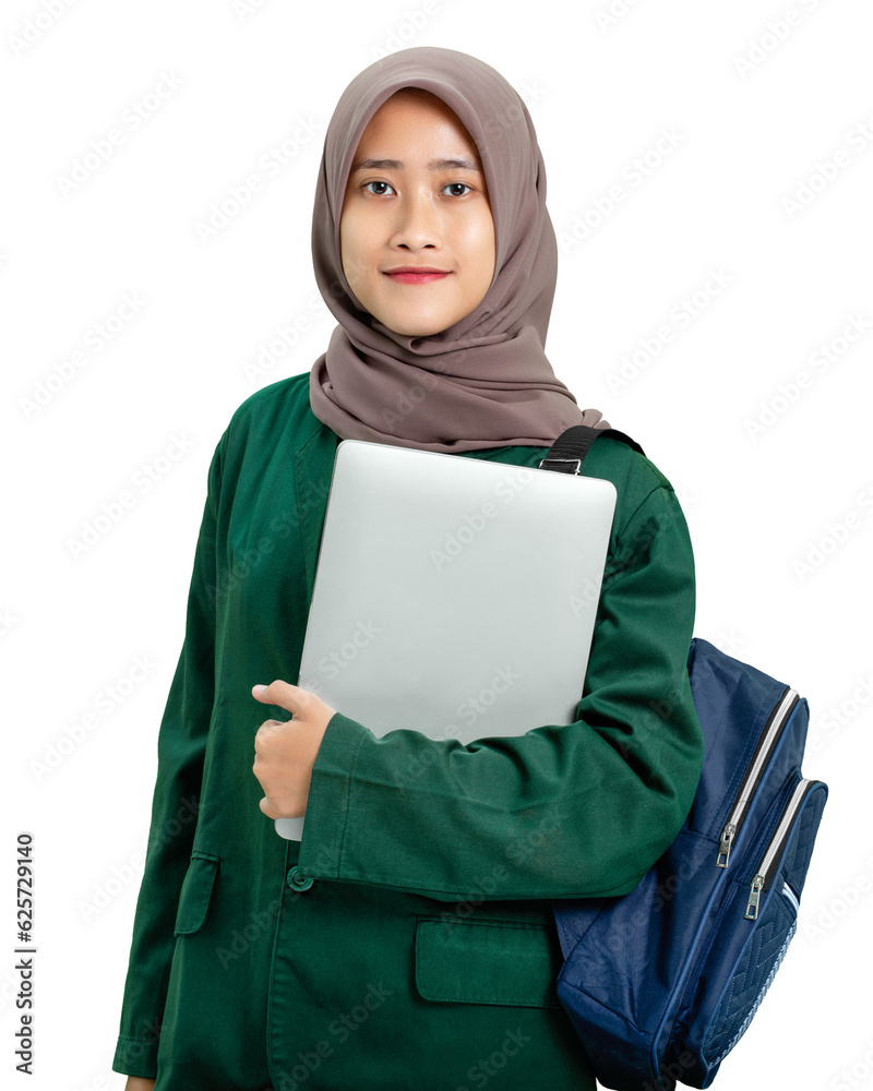 Smiling female muslim college student holding laptop and backpack ...