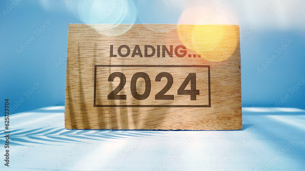 2024 New Year Loading. Loading bar with wooden blocks 2024 on blue ...